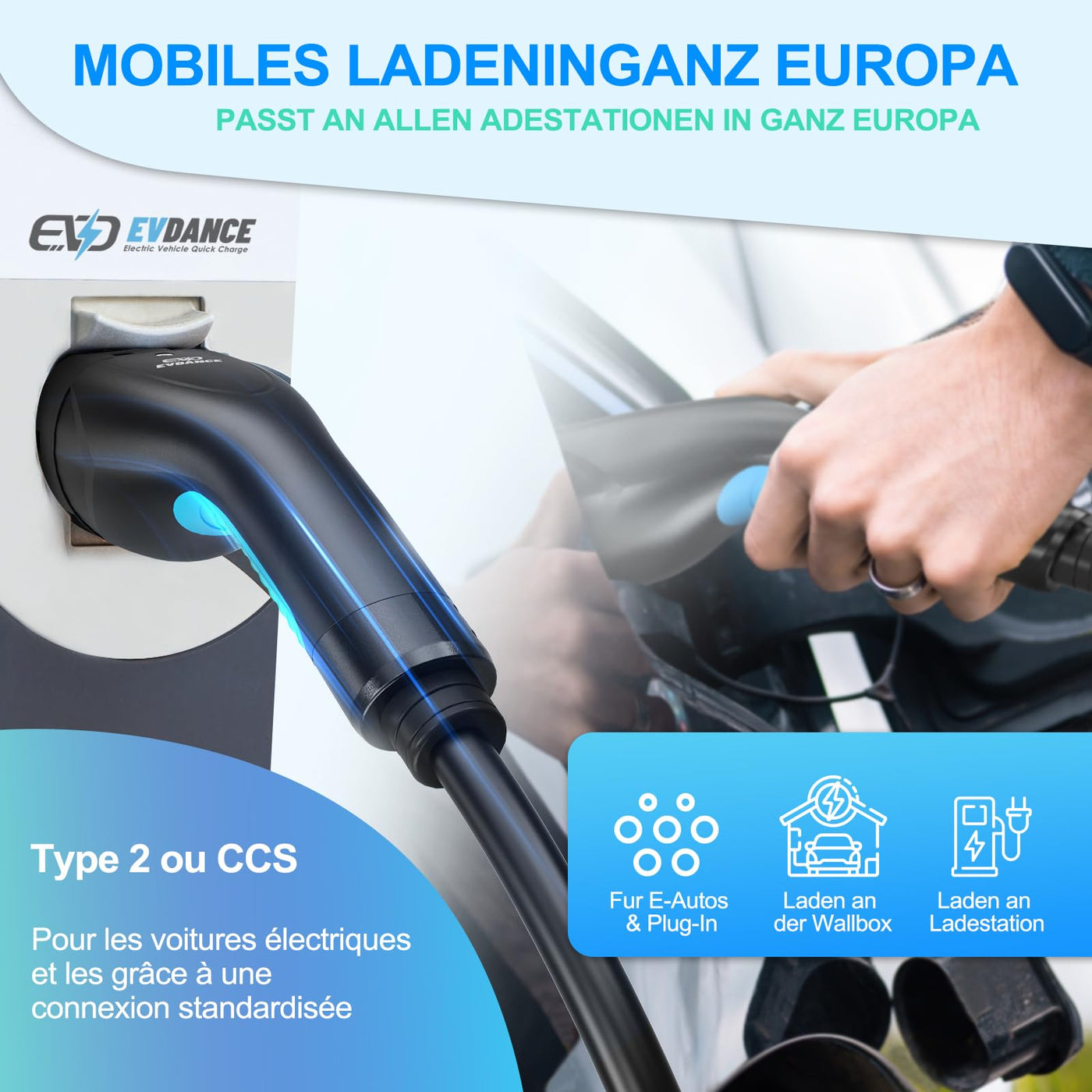 EVDANCE Type 2 to Type 2 Electric Vehicle (EV/PHEV) Charging Cable