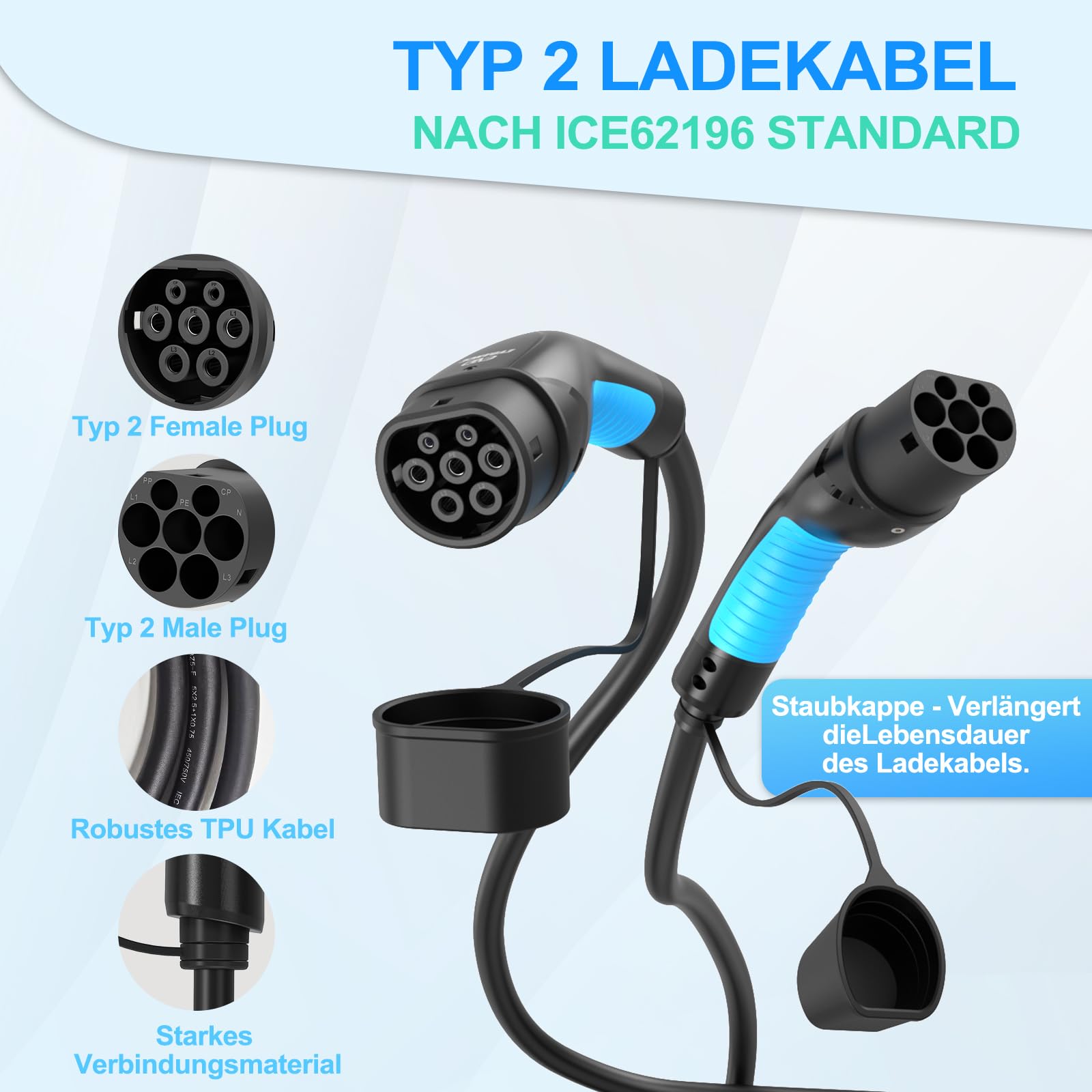 EVDANCE Type 2 to Type 2 Electric Vehicle (EV/PHEV) Charging Cable